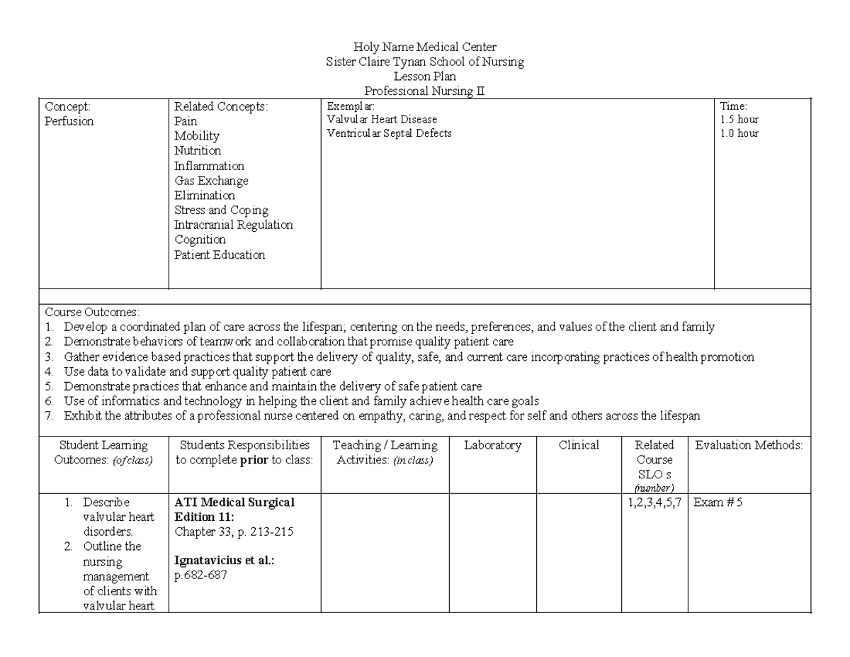 Lesson Plan Professional Nursing II VHD VSD - Student - Holy Name ...