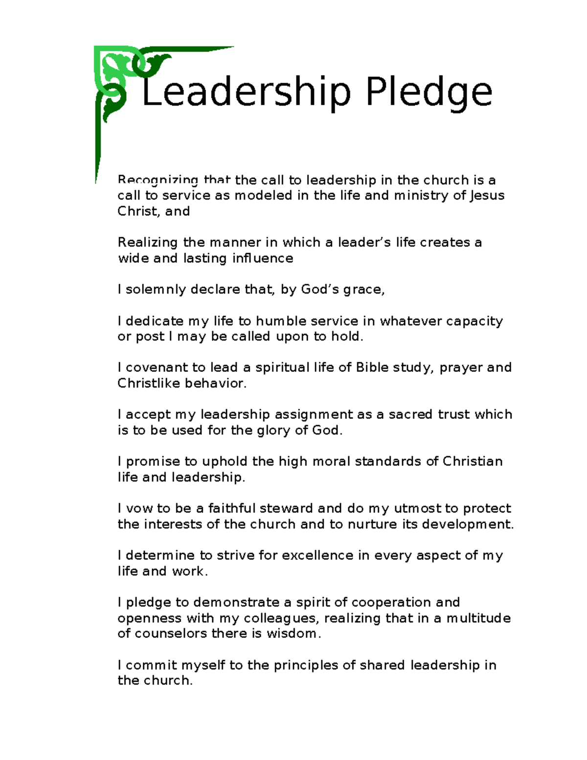 Handbook Section VII- Leadership - Leadership Pledge Recognizing that ...