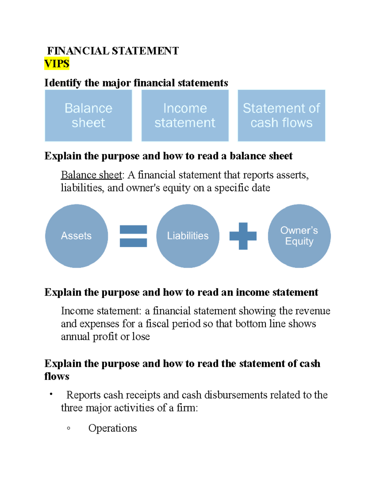 33 Financial Statement FINANCIAL STATEMENT VIPS Identify The Major