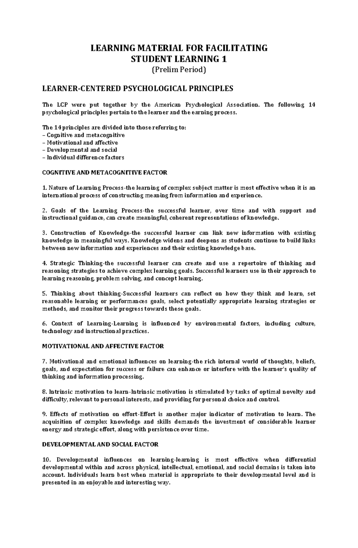 Faci - Faci - LEARNING MATERIAL FOR FACILITATING STUDENT LEARNING 1 ...