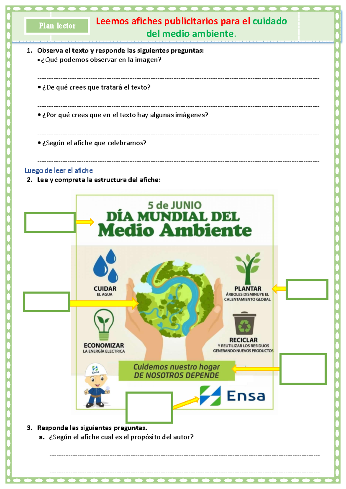 Ficha COM Leemos afiches publicitarios para el cuidado del medio ambiente - 1. Observa el texto ...
