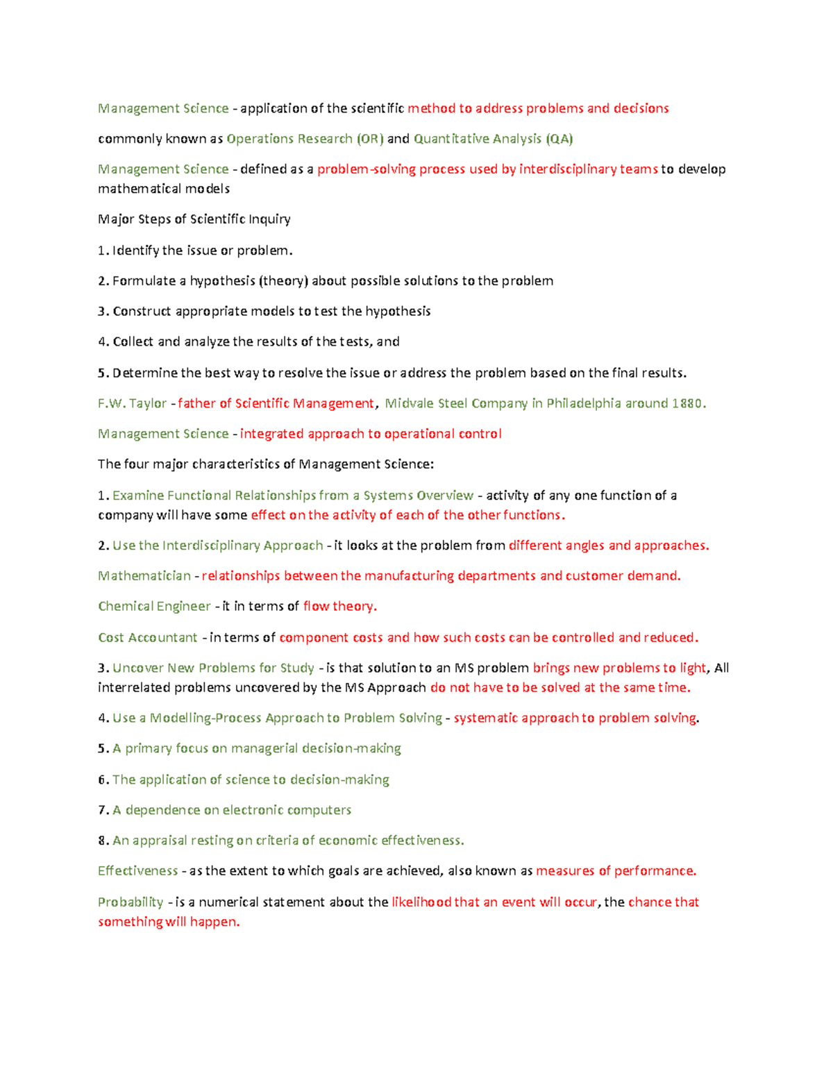 Management-Science-Midterms - Management Science - application of the ...