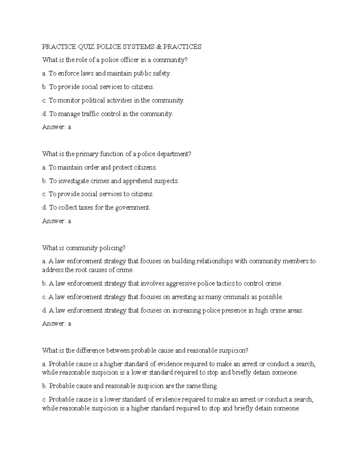 Practice quiz Police Systems - PRACTICE QUIZ POLICE SYSTEMS & PRACTICES ...