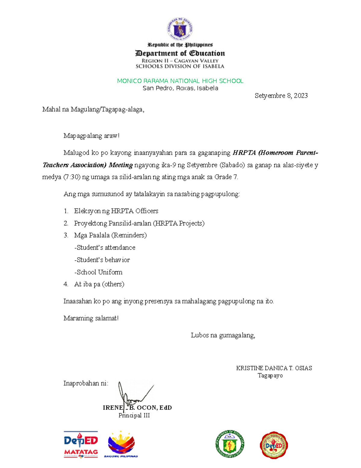 Hrpta-letter-2023 - HRPTA - MONICO RARAMA NATIONAL HIGH SCHOOL San ...