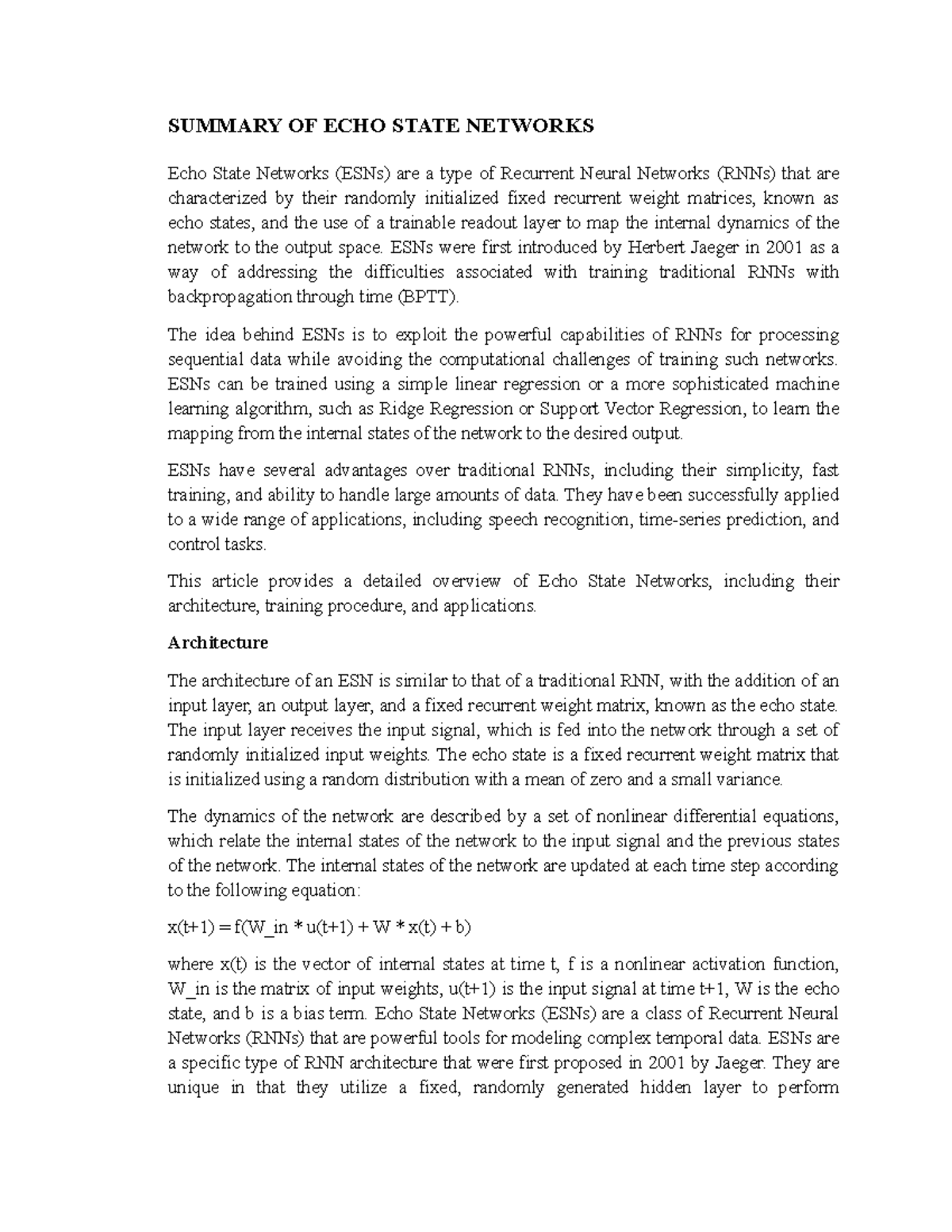 Summary Of Echo State Networks Summary Of Echo State Networks Echo