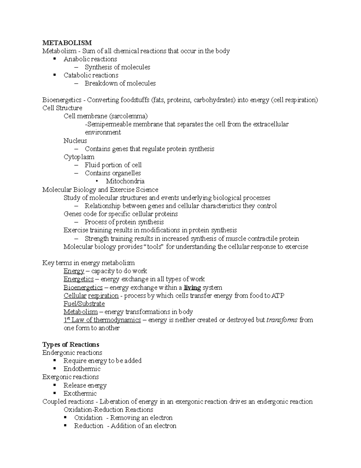 Metabolism notes - METABOLISM Metabolism - Sum of all chemical ...
