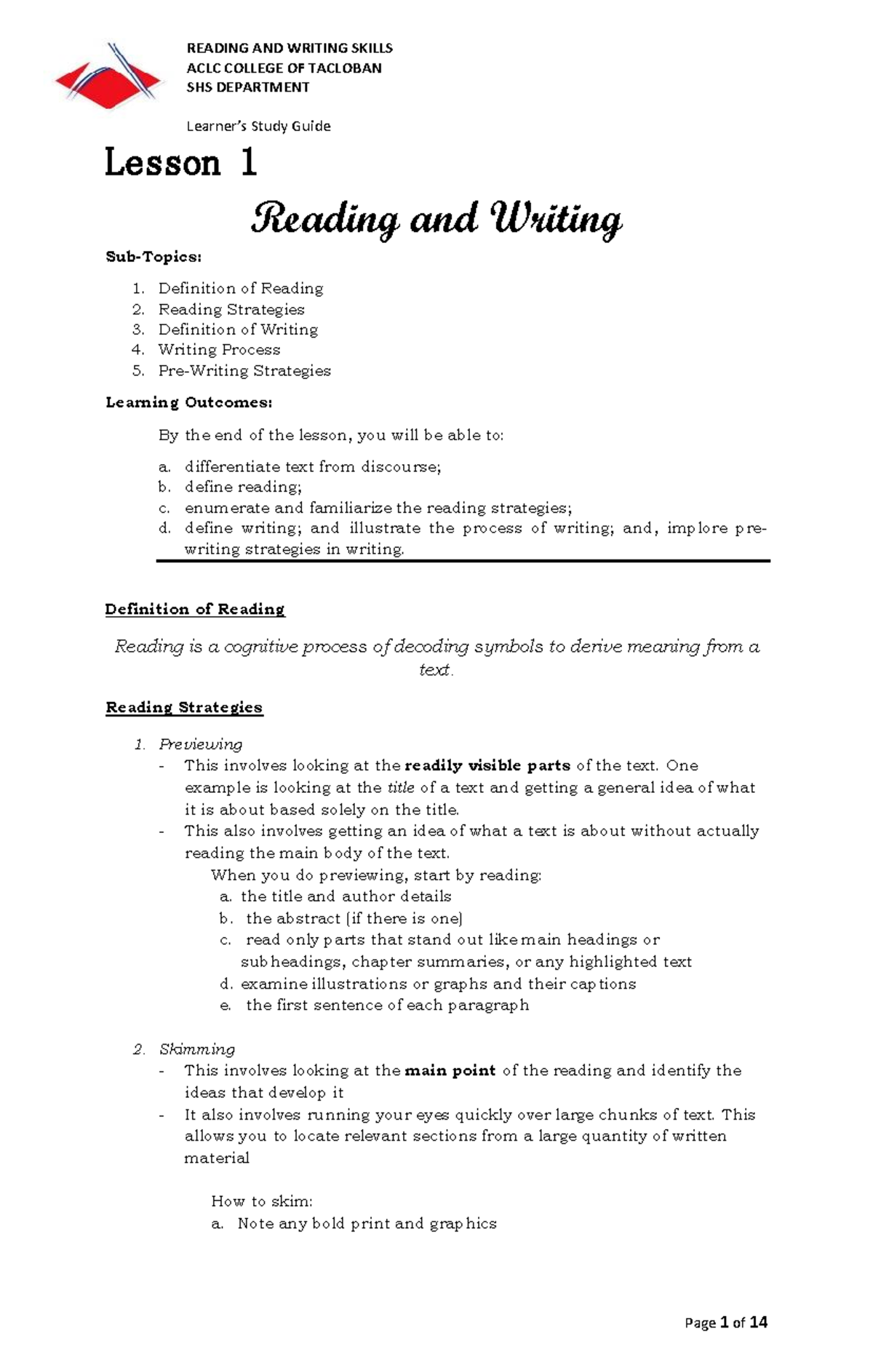 RAWS Study Guide Lesson 1 2 - ACLC COLLEGE OF TACLOBAN SHS DEPARTMENT ...
