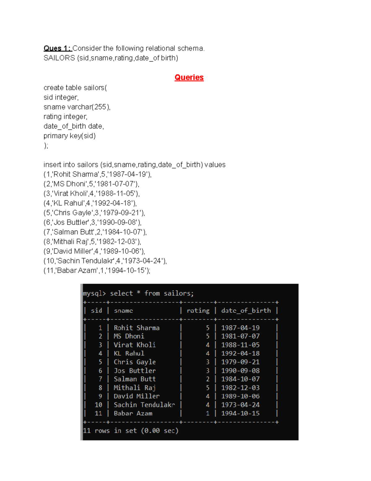 DBMS practical file - Ques 1: Consider the following relational schema. SAILORS - Studocu
