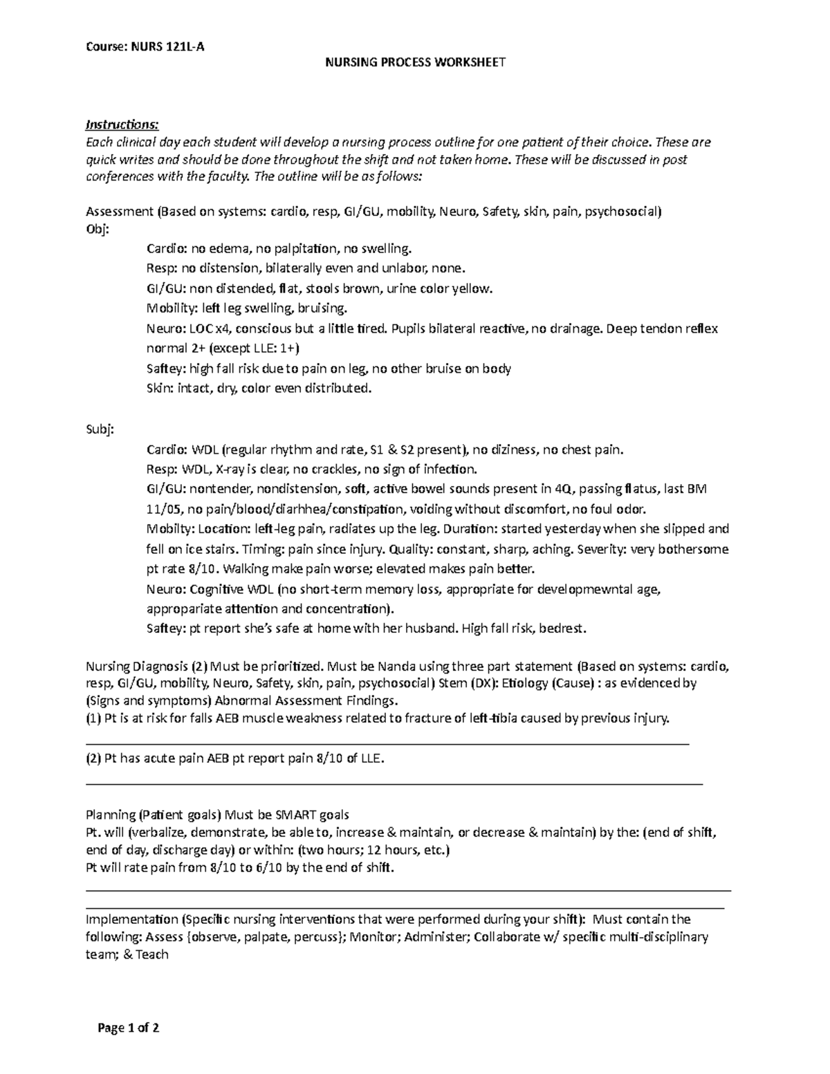 Nursing worksheet 1 - Course: NURS 121L-A NURSING PROCESS WORKSHEET ...