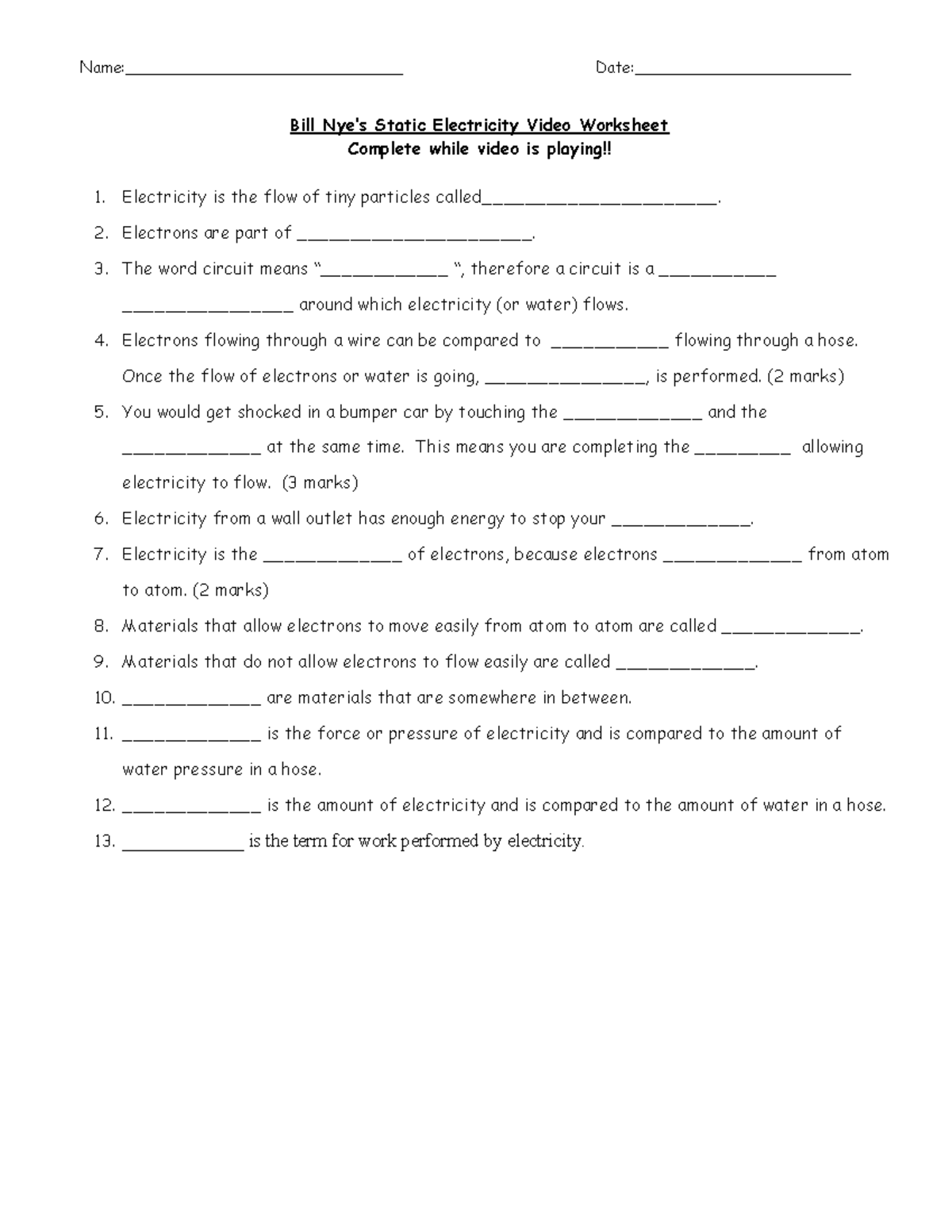 Bill nye electricity worksheet - Name: Date: Bill Nye’s Static ...