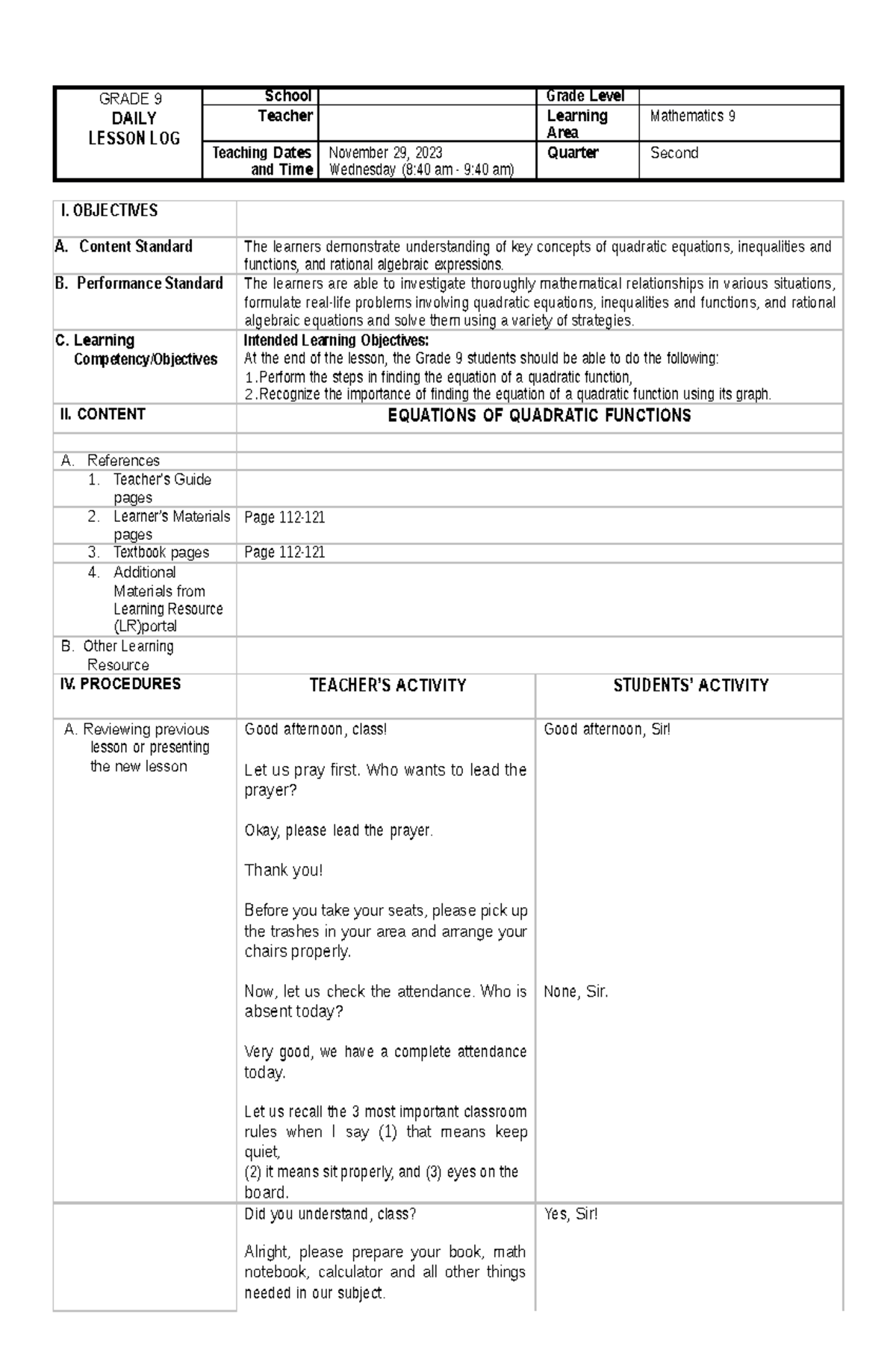 Lesson Plan for Finding Equation of QF Using Graph - GRADE 9 DAILY ...