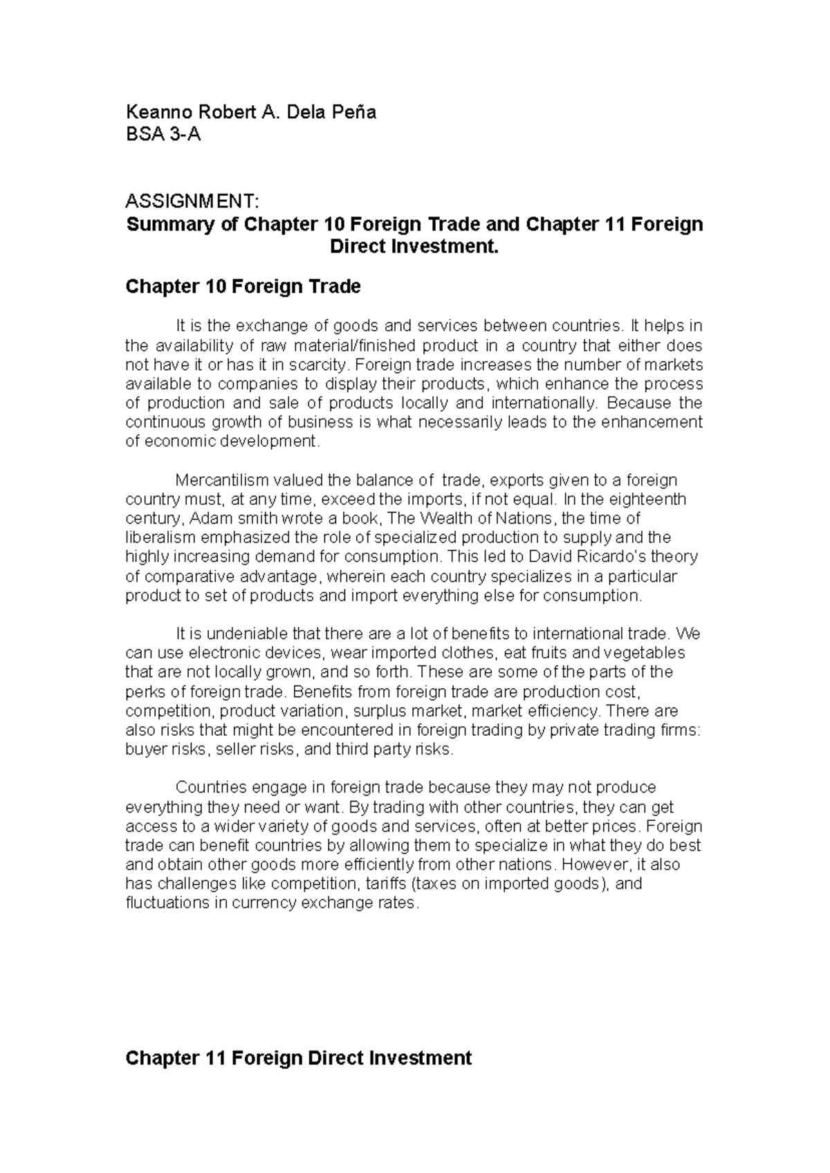 Eco Dev summary chap 10&11 - Keanno Robert A. Dela Peña BSA 3-A ASSIGNMENT: Summary of Chapter ...