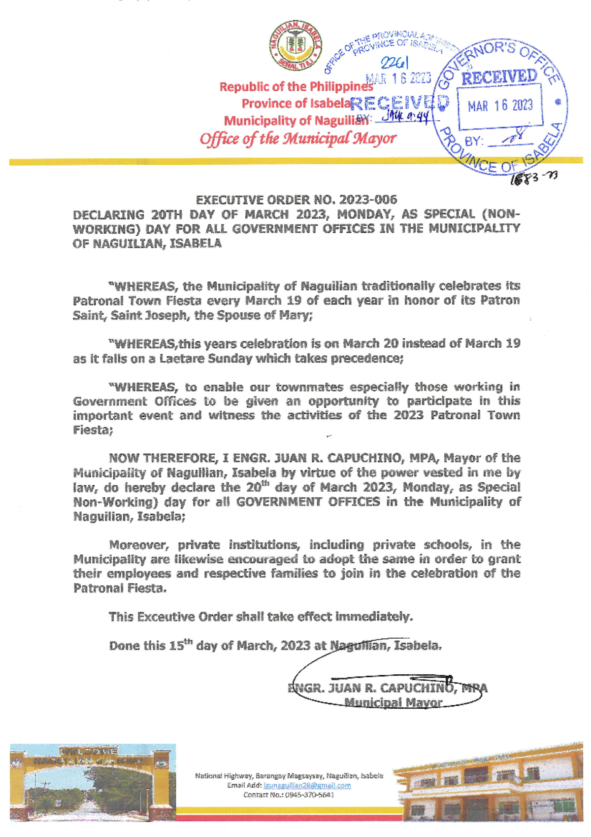 LGU Naguilian Executive Order no. 2023-006 - Araling Panlipunan 10 ...