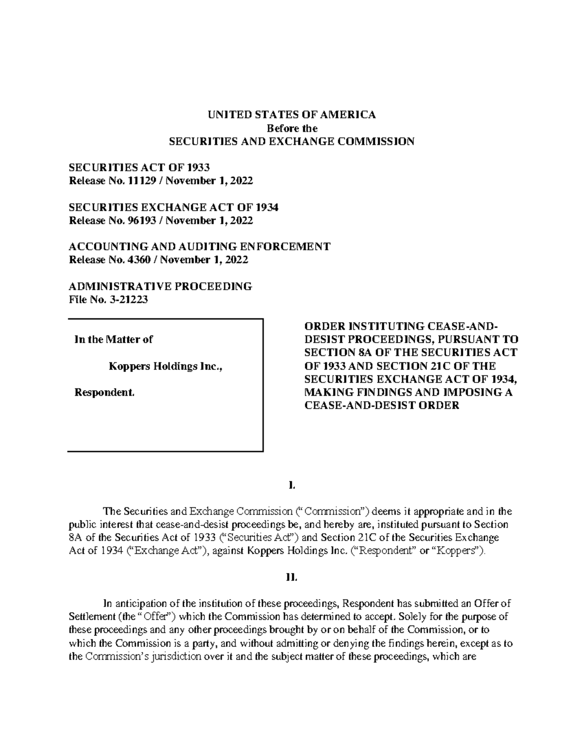 Koppers SEC - UNITED STATES OF AMERICA Before the SECURITIES AND ...