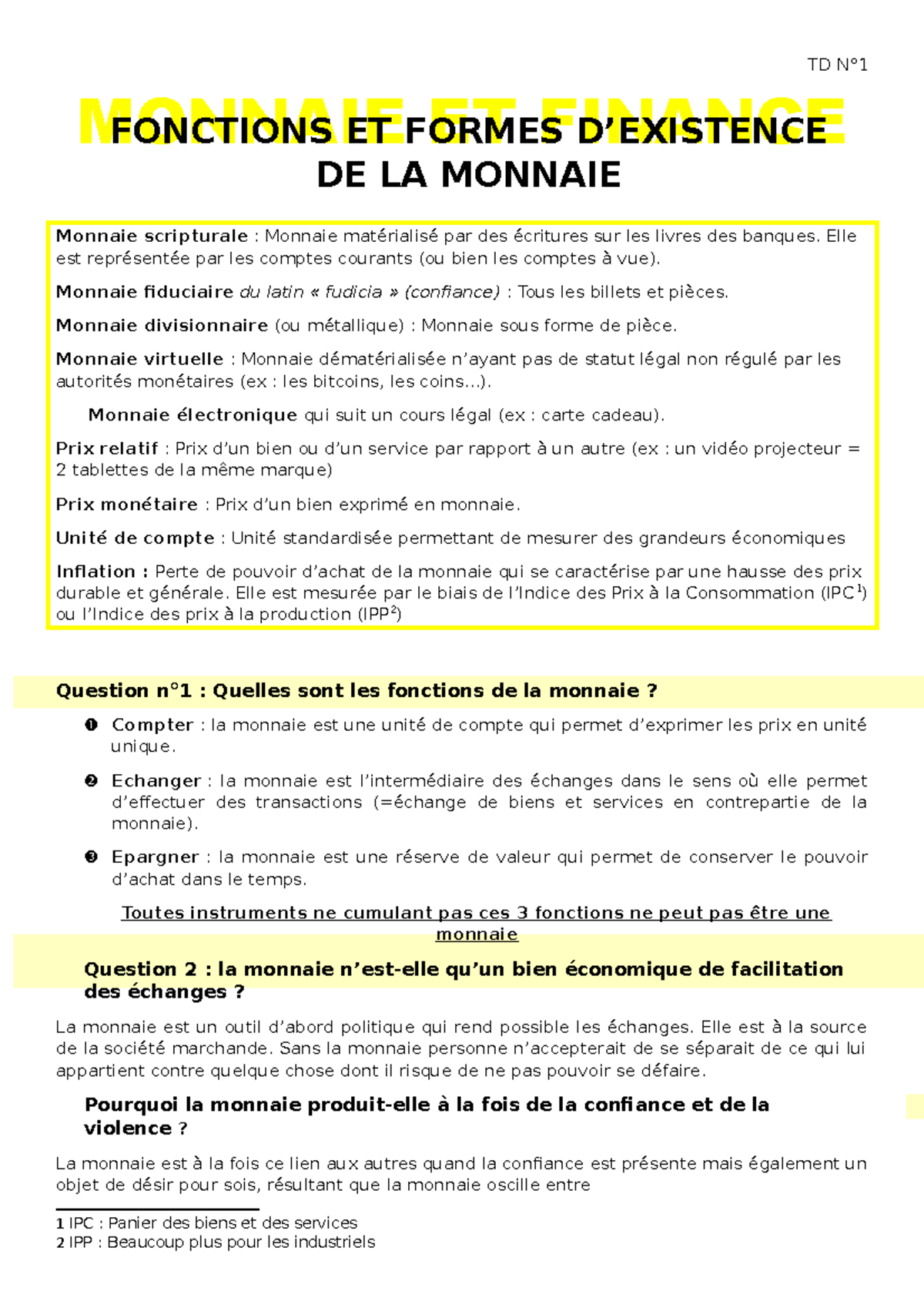 TD N°1 - Note - TD N° MONNAIE ET FINANCE Monnaie scripturale : Monnaie ...