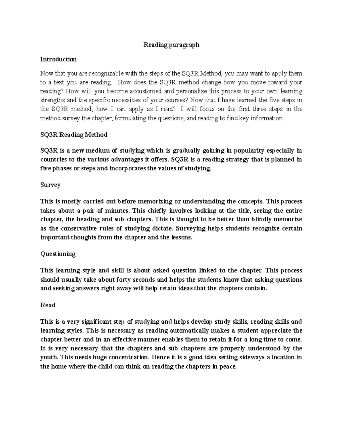 Reading paragraph - Reading paragraph Introduction Now that you are ...