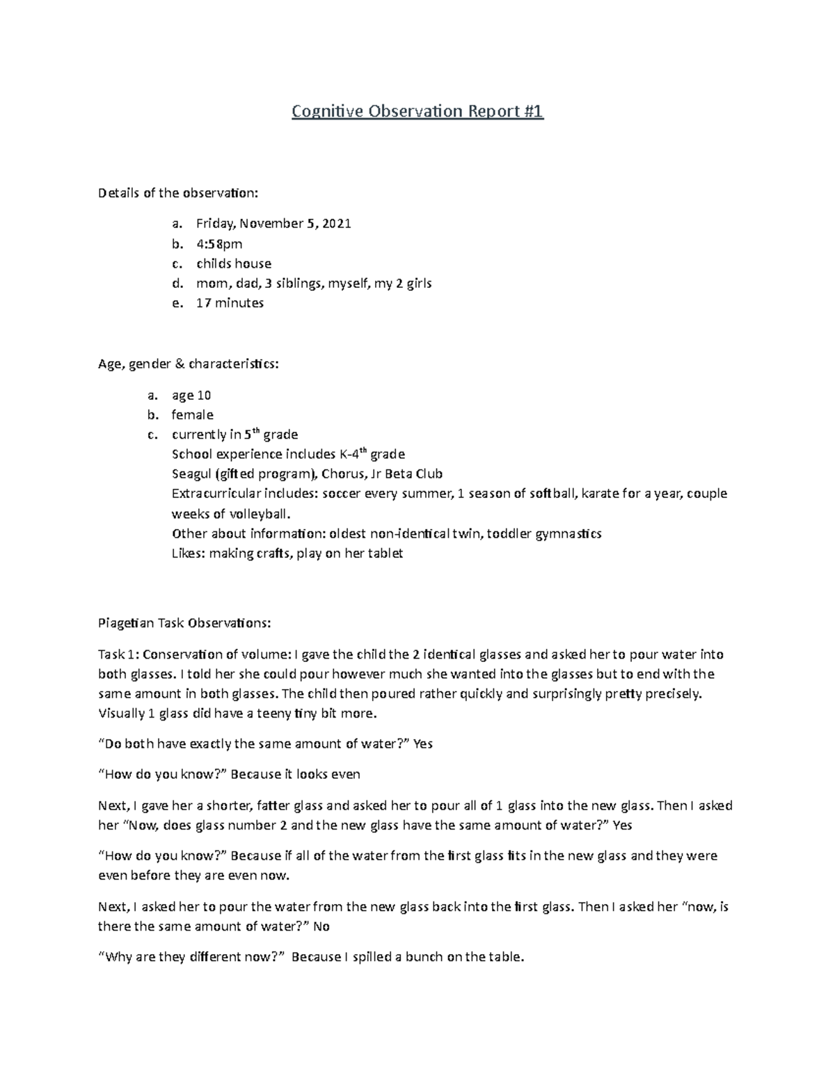 Cognitive Observation Report 1 - Cognitive Observation Report Details ...
