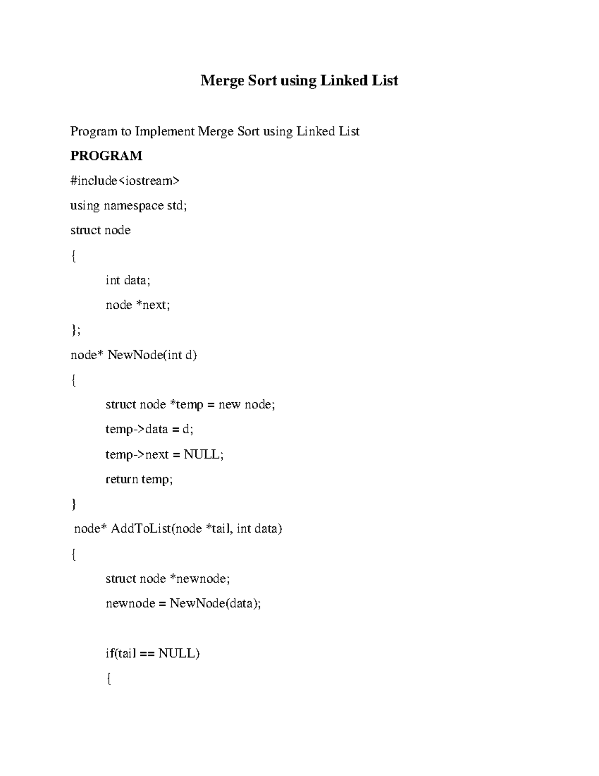 Merge Sort using Linked List - Bachelor of Computer Applications - MG ...