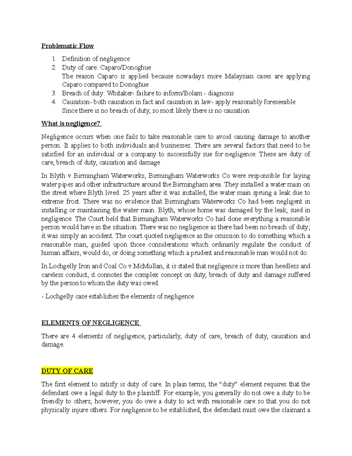 Negligence - Lecture notes law of torts II - Problematic Flow 1 ...