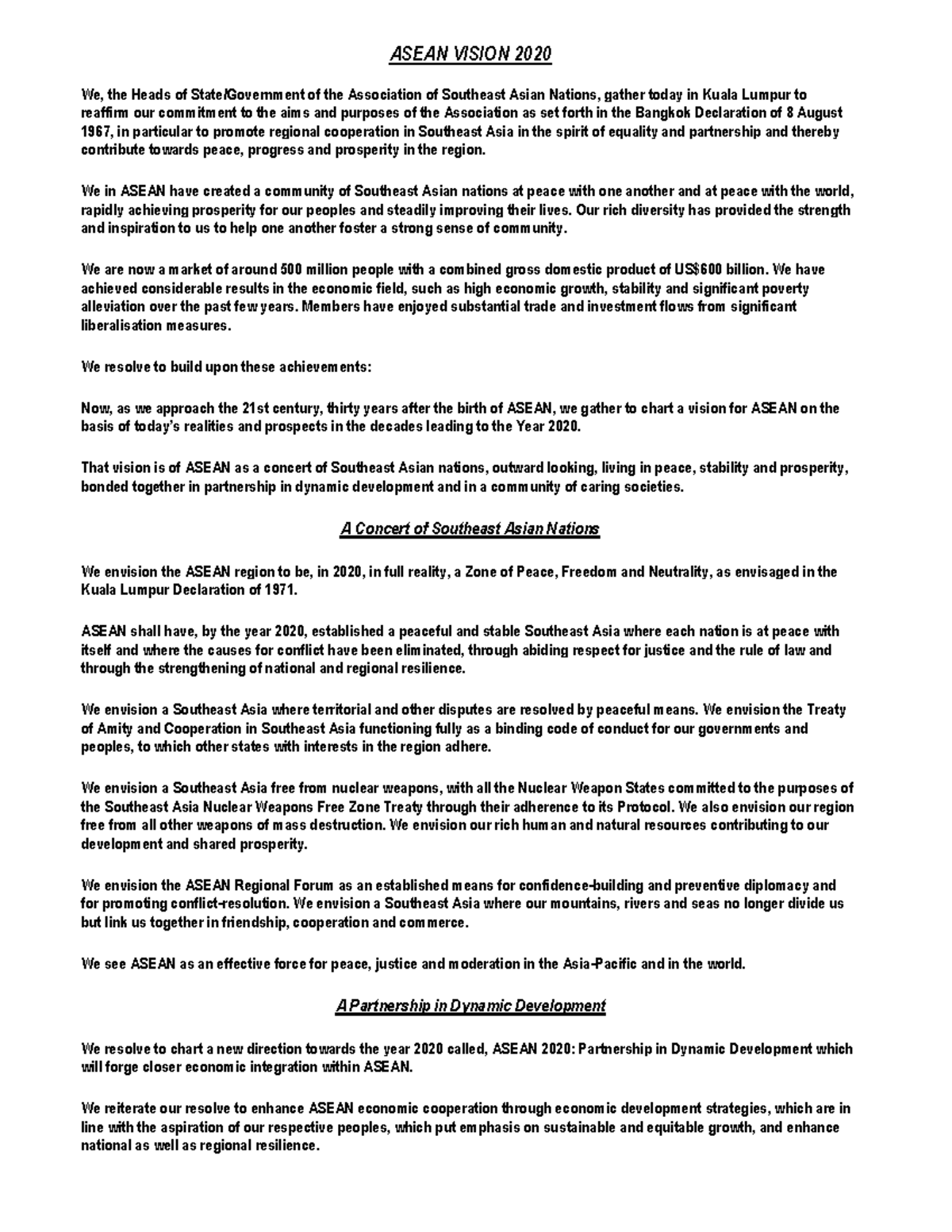 Asean Vision 2020 Chapter 4 - ASEAN VISION 2020 We, the Heads of State ...