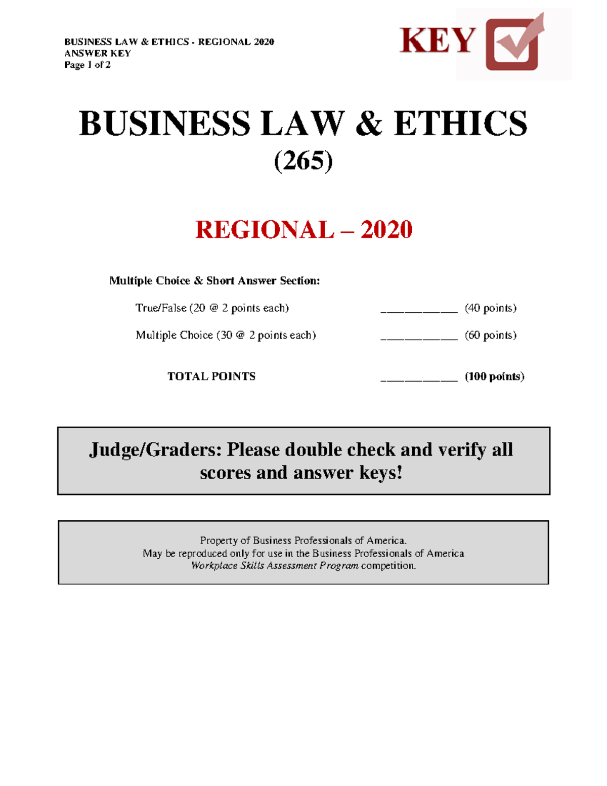 265 Business Law Ethics R 2020 KEY - BUSINESS LAW & ETHICS - REGIONAL ...