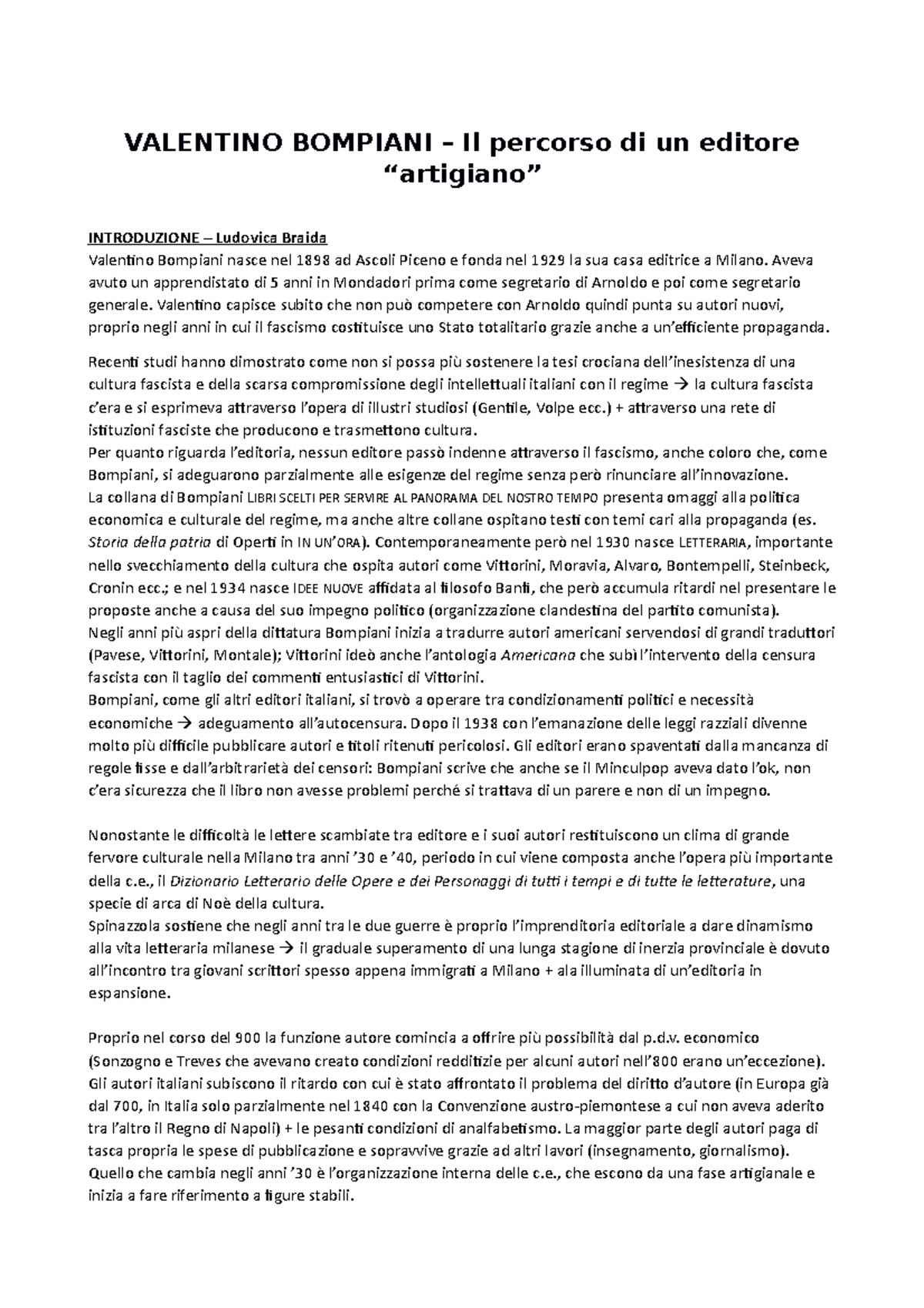 Bompiani il percorso di un editore artigiano - riassunto - Storia del ...