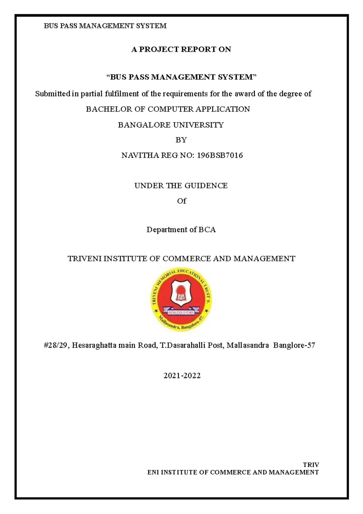 Obcms alter onereport - Copy - A PROJECT REPORT ON “ BUS PASS ...