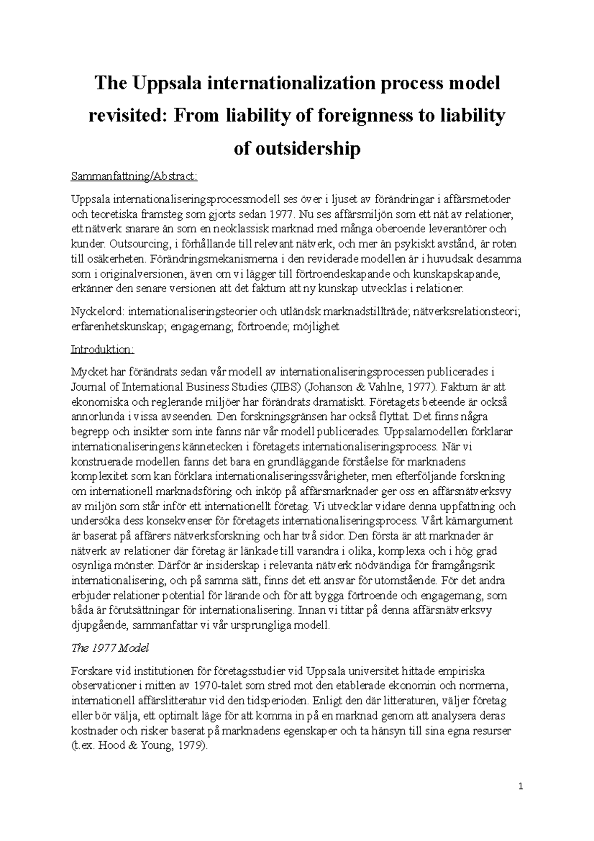 The Uppsala internationalization process model revisited sammanfattning ...