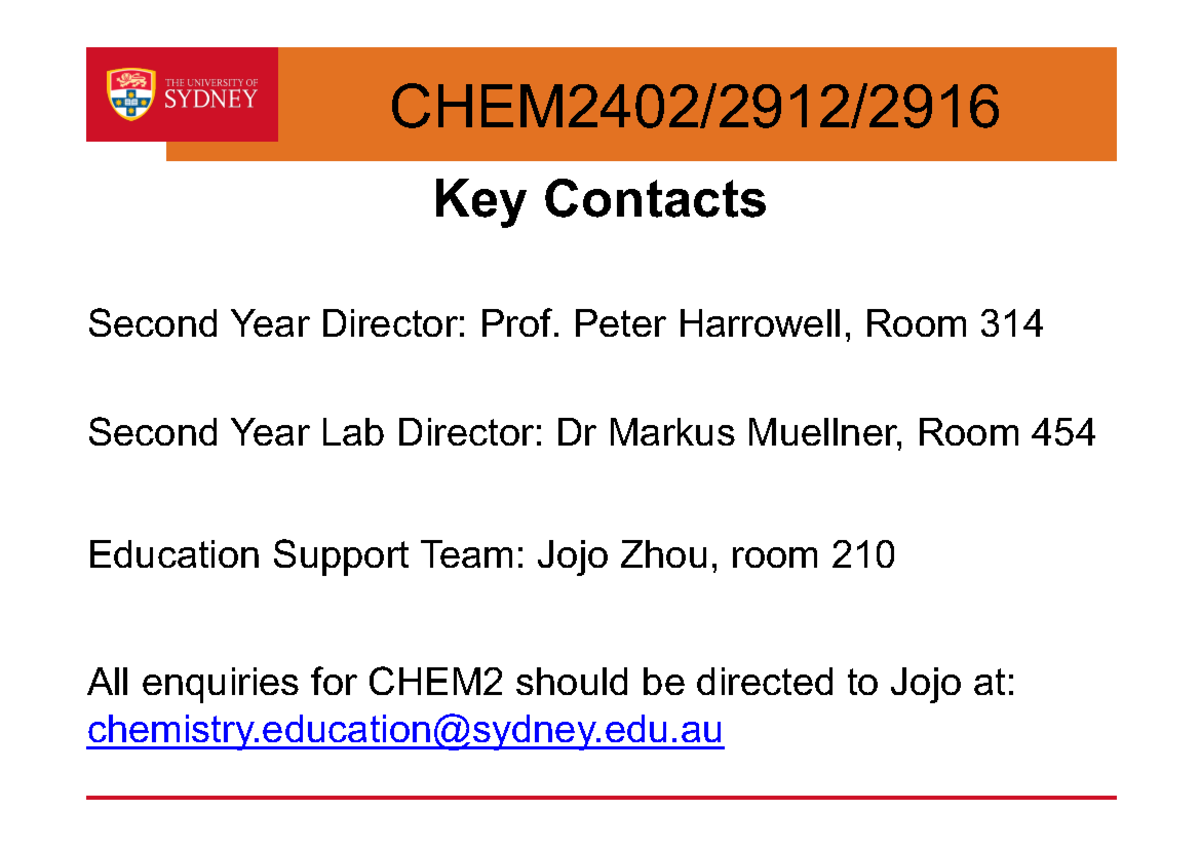 Lecture 01 - CHEM2402/2912/2916 Key Contacts Second Year Director: Prof ...