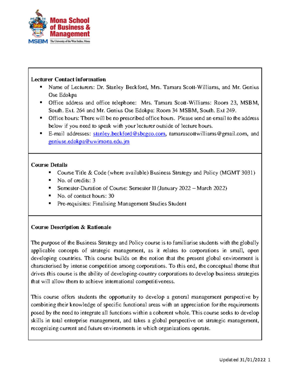 Course outline Business Strategy and Policy - Semester II (Jan - Mar ...