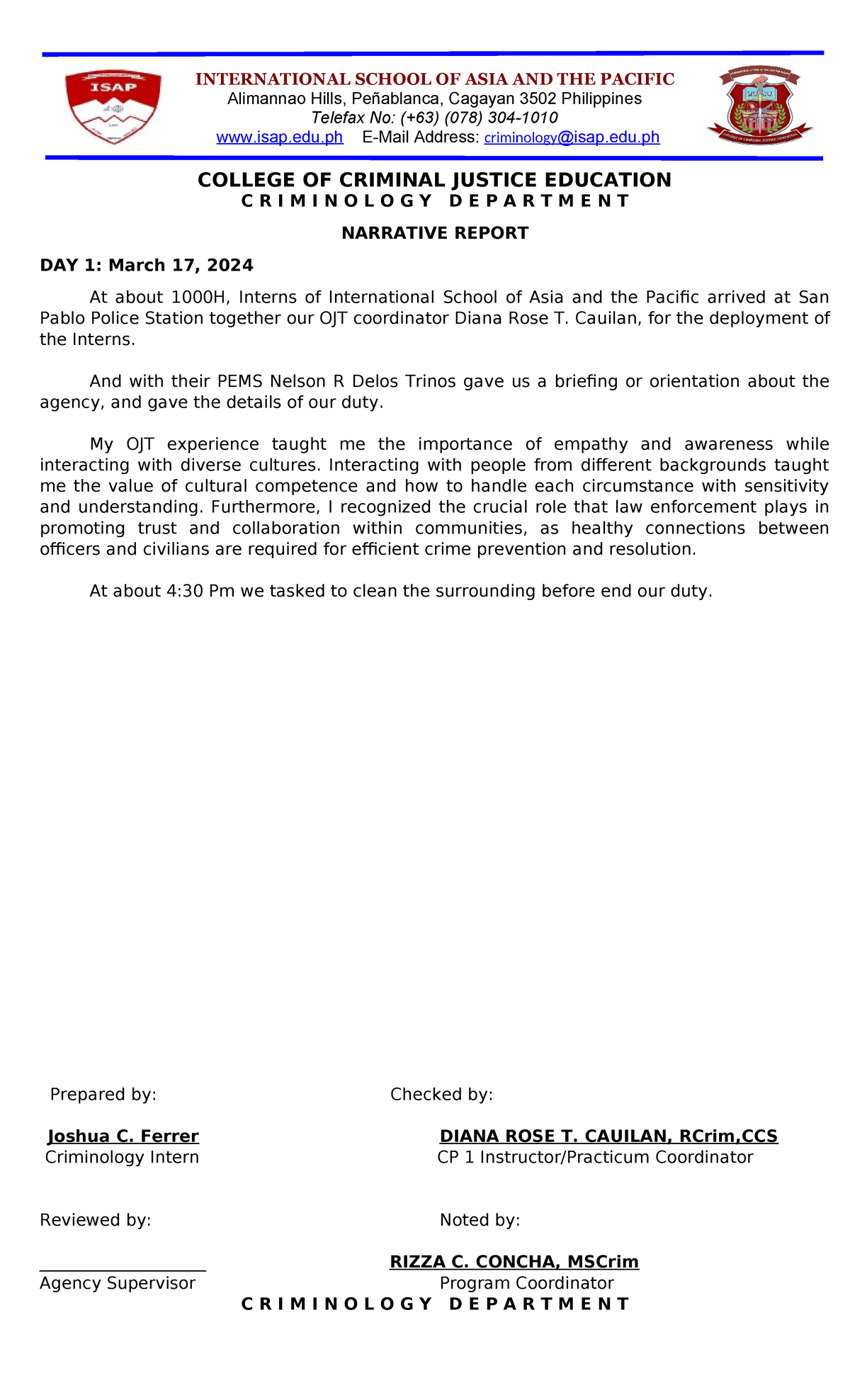 Joshua Ferrer Narrative- Report- Internship - Alimannao Hills ...