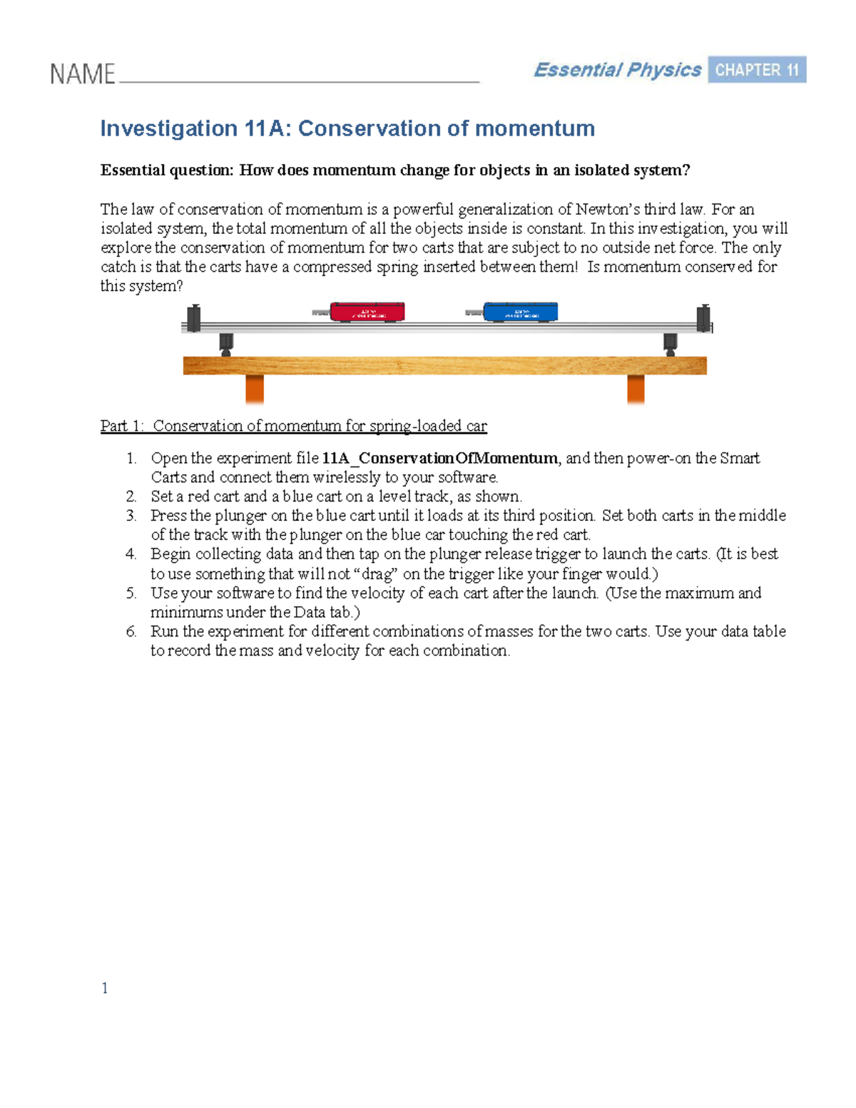 Copy of Conservation Of Momentum Lab - Investigation 11A: Conservation ...