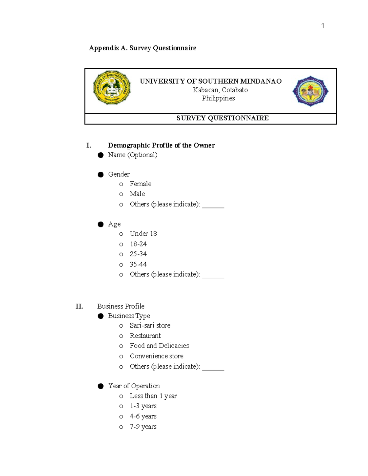 Seco - Sample questionnaire for Fesibility Study - Appendix A. Survey ...