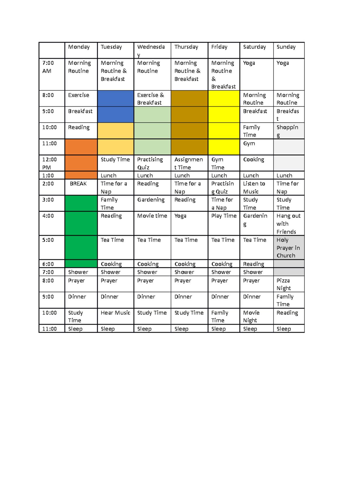 Weekly schedule 2 - Monday Tuesday Wednesda y Thursday Friday Saturday ...