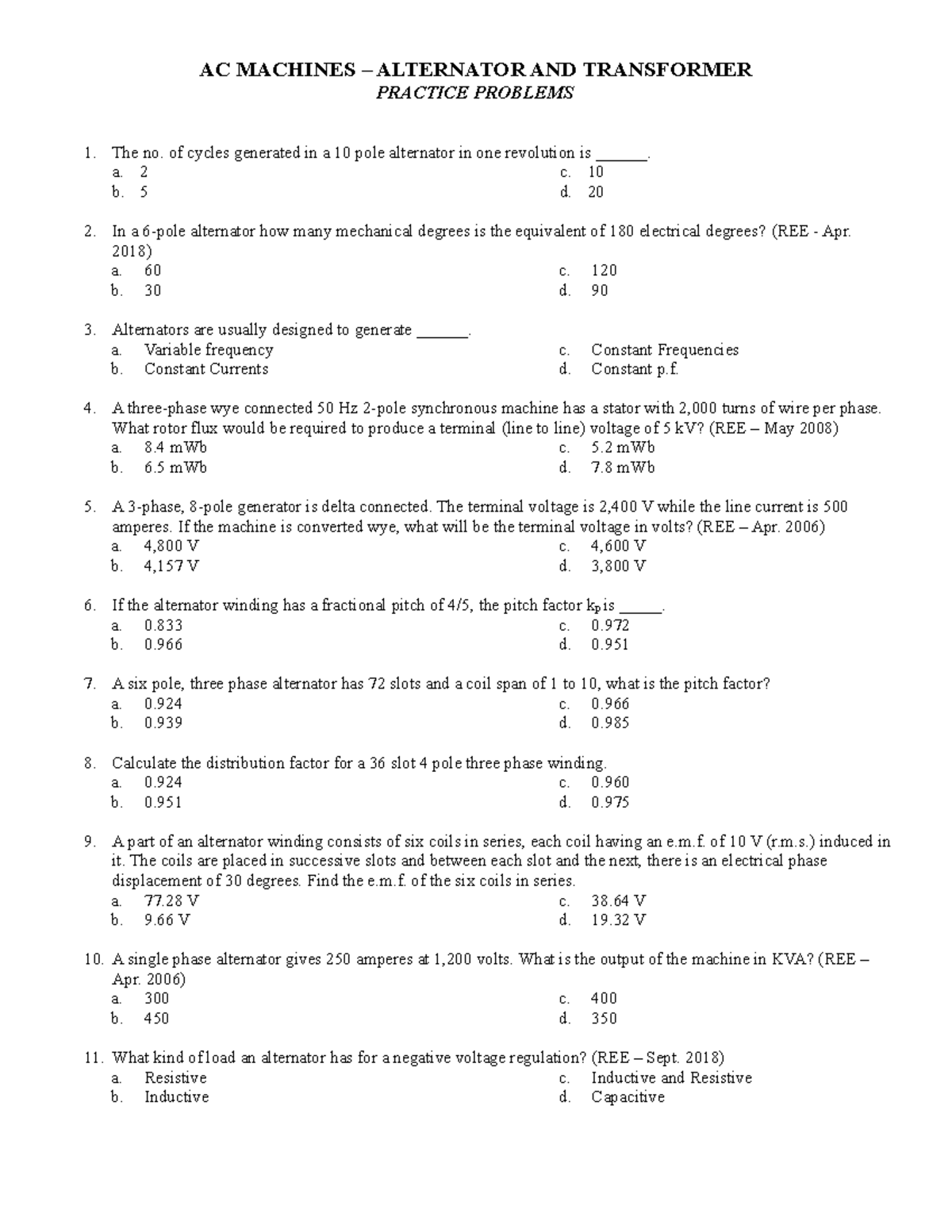 Practice problem in transformer0145293227 - AC MACHINES – ALTERNATOR ...