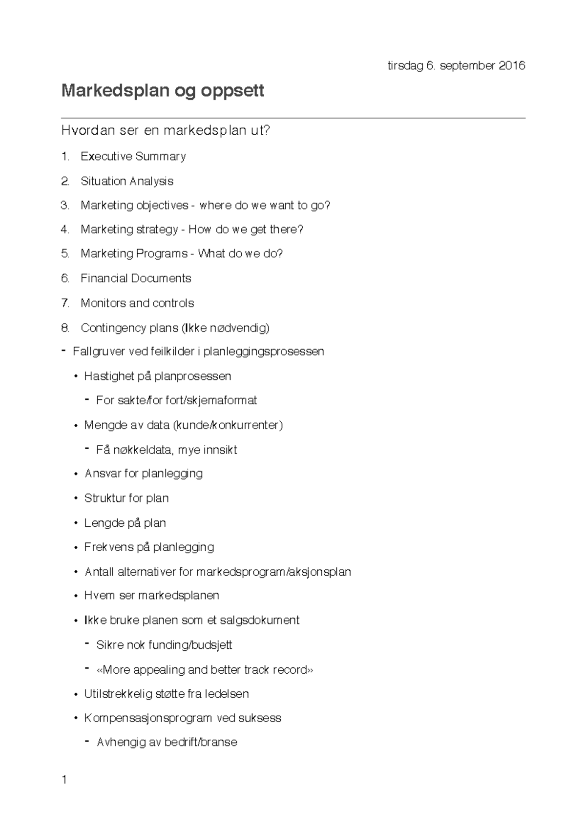 3. Forelesning - Markedsplan og oppsett - tirsdag 6. september 2016 ...