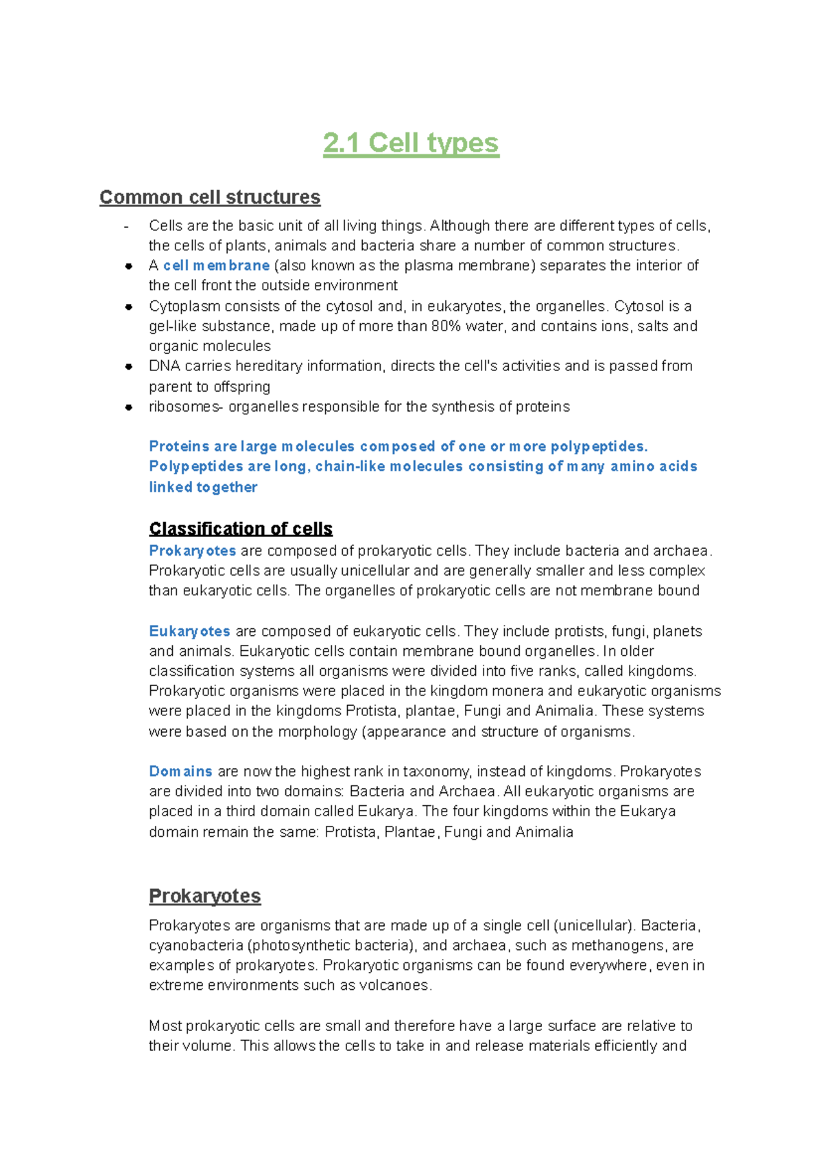 Core 1 study notes - 2 Cell types Common cell structures - Cells are ...