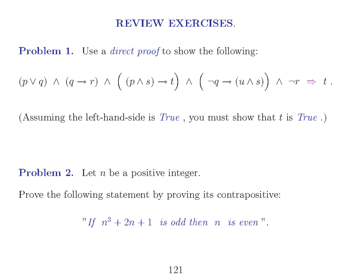 COEN 231- Lecture 9 - REVIEW EXERCISES. Problem 1. Use a direct proof to show the following: (p ...