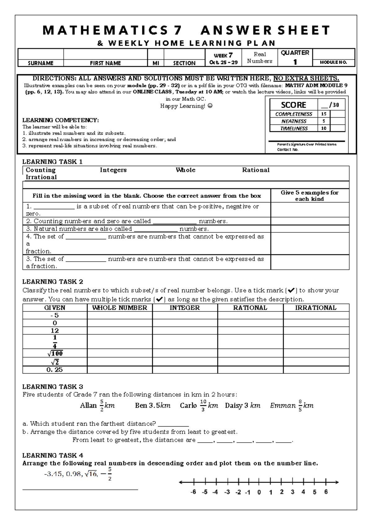 MATH7 QTR1 WEEK7 - M A T H E M A T I C S 7 A N S W E R S H E E T & W E ...