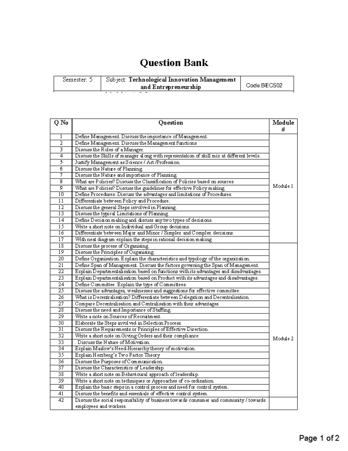 QB module 1to3 - Question Bank Semester: 5 Subject: Technological Innovation Management and ...