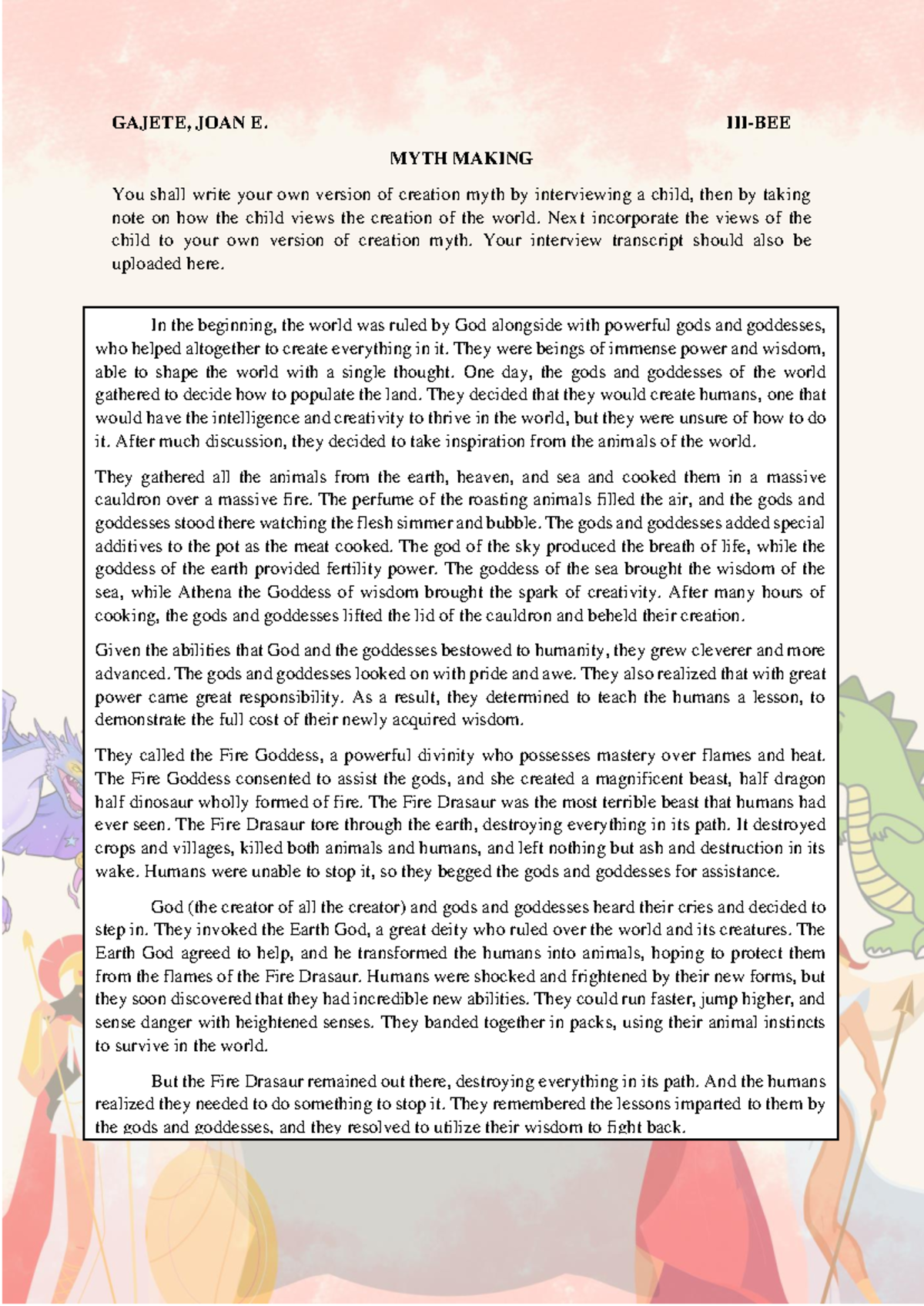 MYTH Making Gajete, JE - Own version of myth - GAJETE, JOAN E. III-BEE ...