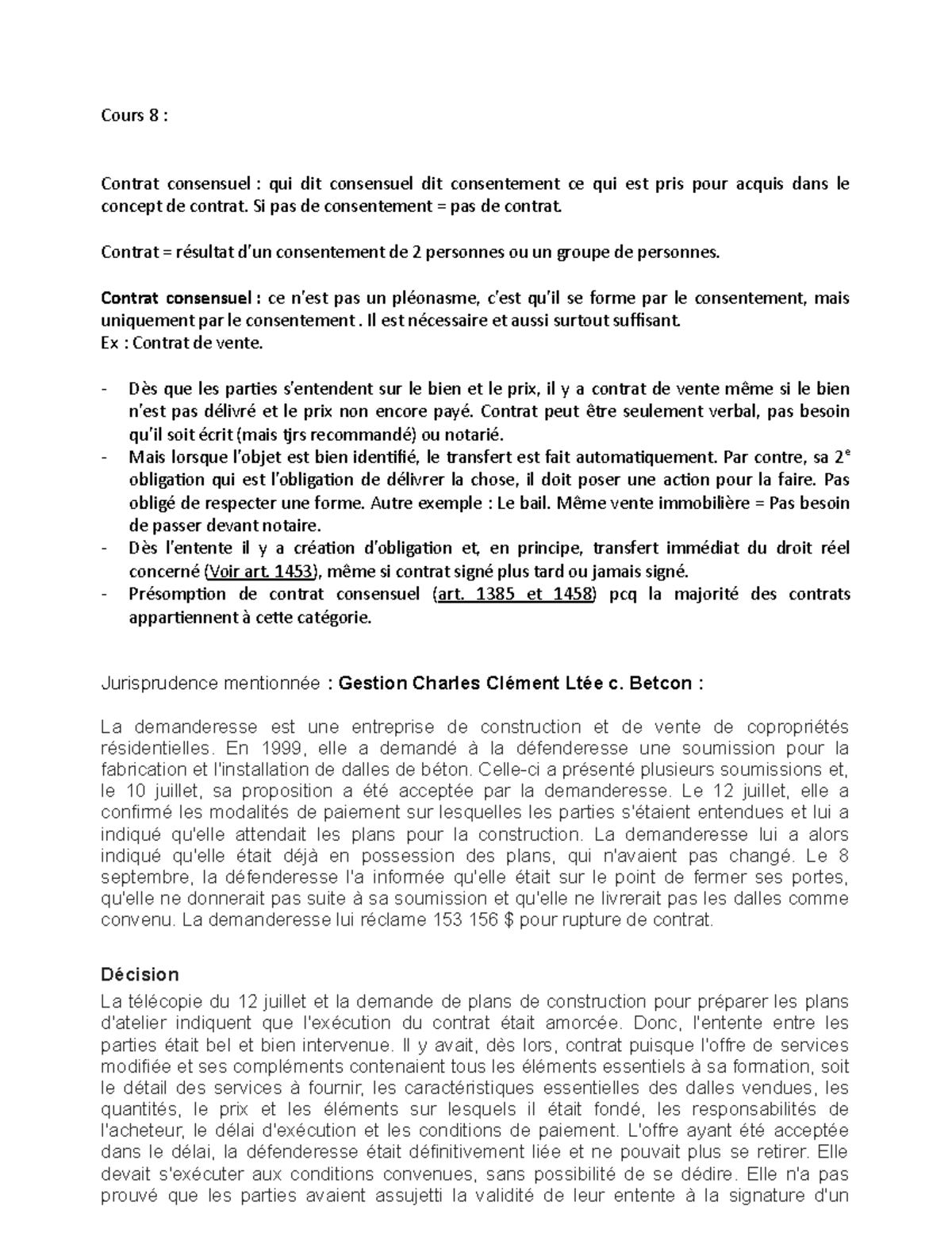 Cours des cours 1 à 13 - Cours 8 : Contrat consensuel : qui dit ...