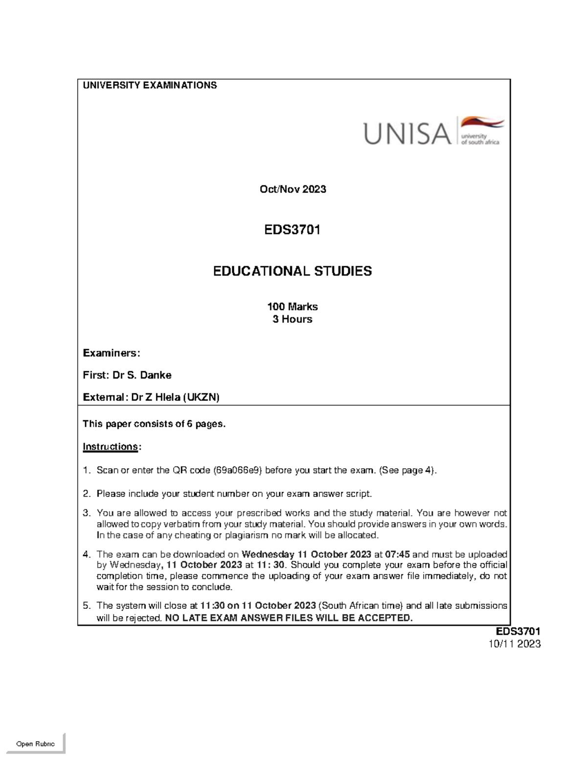 EDS3701 OCT NOV 2023-A - QUESION PAPER - UNIVERSITY EXAMINATIONS Oct ...