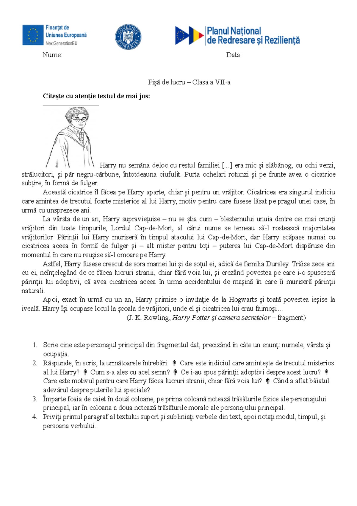 Textul descriptiv fisa de lucru cls.7, - Nume: Data: Fișă de lucru ...