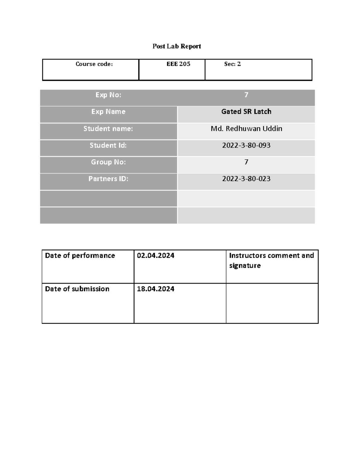 EEE 205 Exp 7 post lab report - Post Lab Report Course code: EEE 205 31 Sec: 2 Exp No: 7 Exp ...