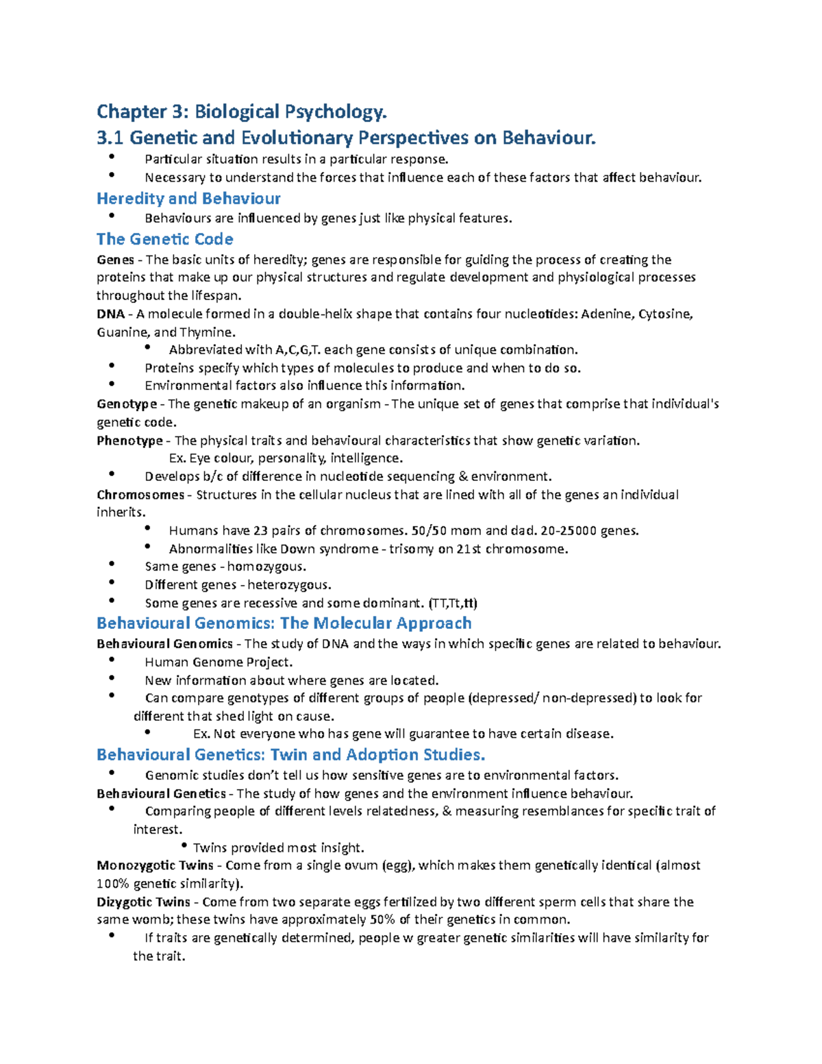 Chapter 3 - Chapter 3: Biological Psychology. 3 Genetic and ...