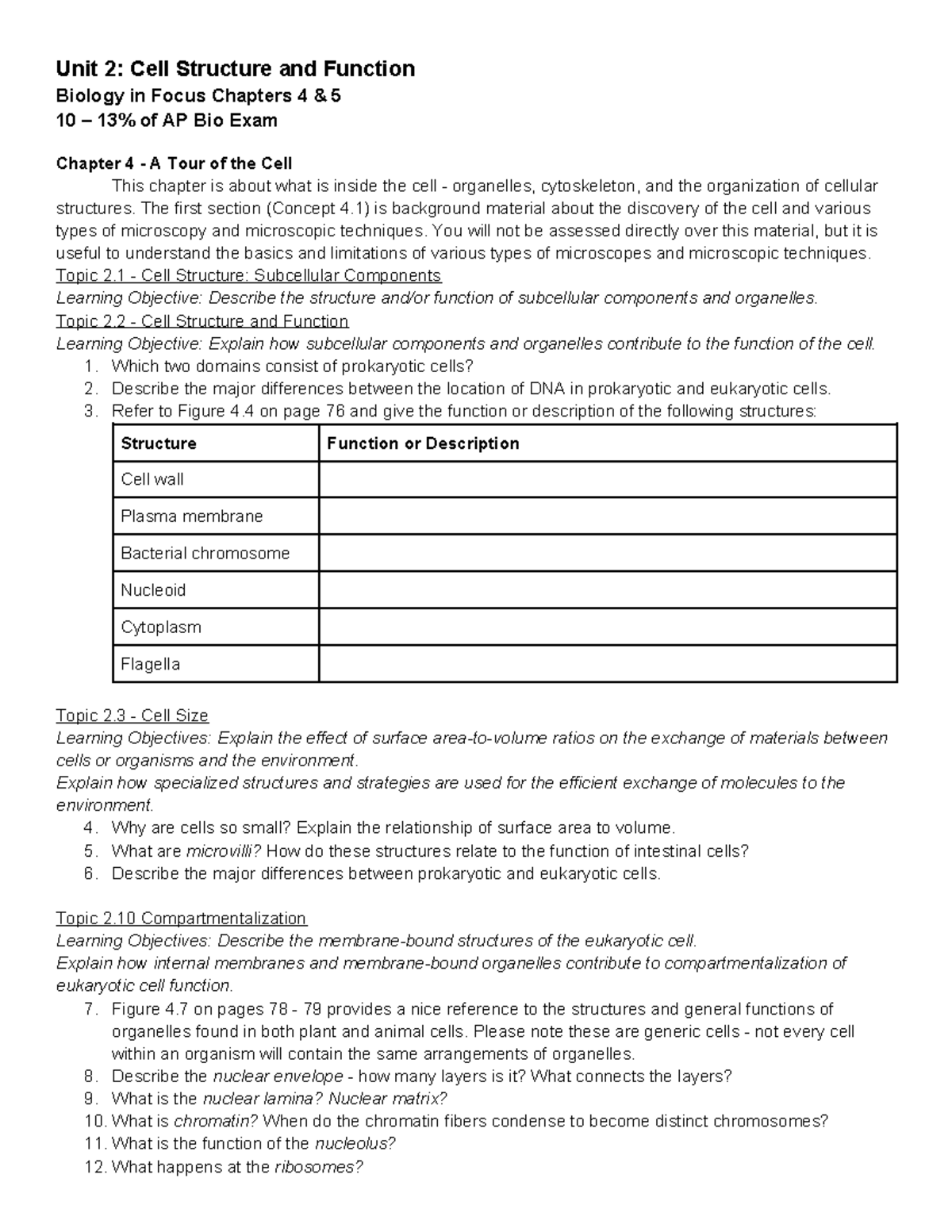 Unit 2 Cell Structure and Function - Unit 2: Cell Structure and Function Biology in Focus ...