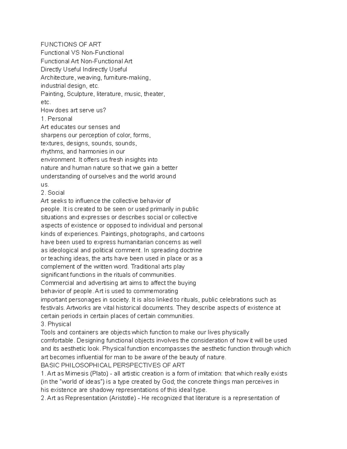 Arts 15- Functions OF ART - FUNCTIONS OF ART Functional VS Non-Functional Functional Art - Studocu