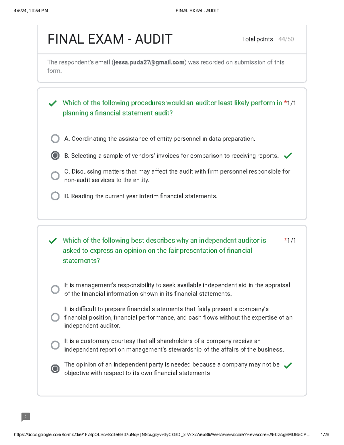 Final EXAM - Audit - 1/ A. Coordinating the assistance of entity ...
