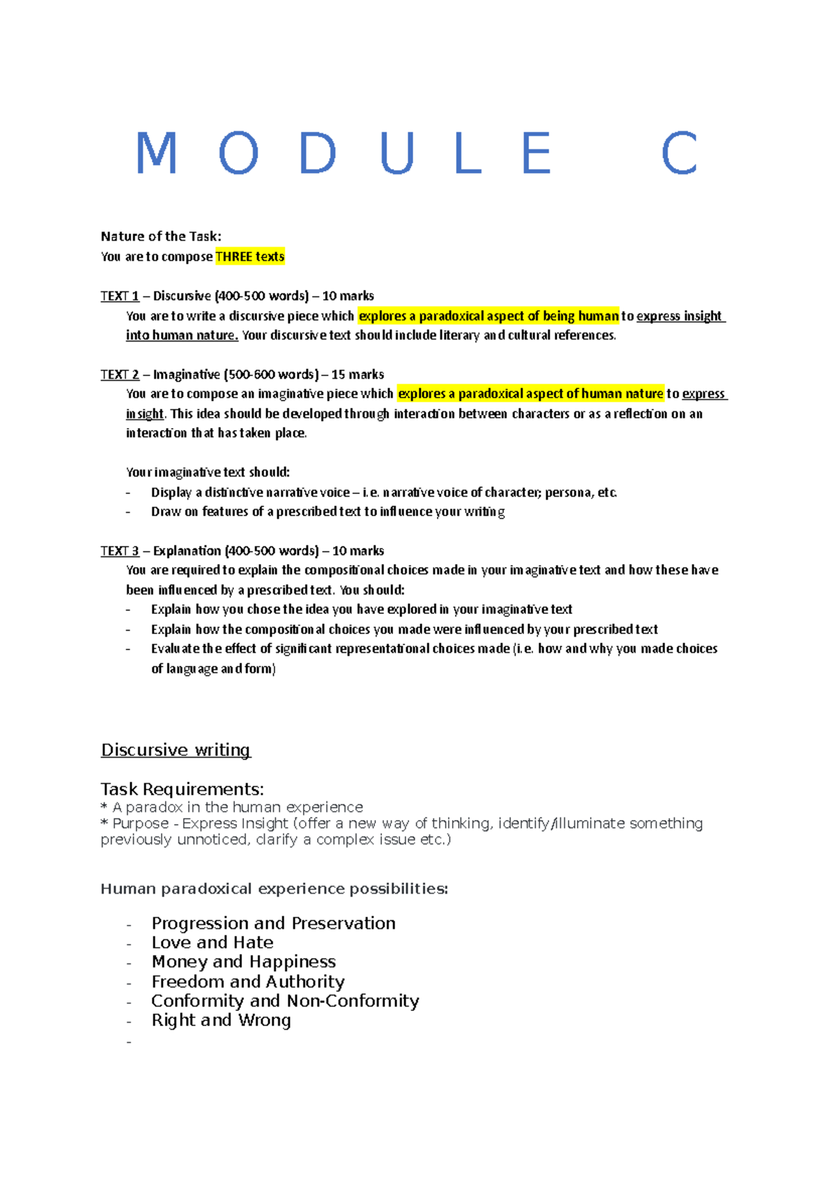 Module C - Notes for Mod C - M O D U L E C Nature of the Task: You are ...